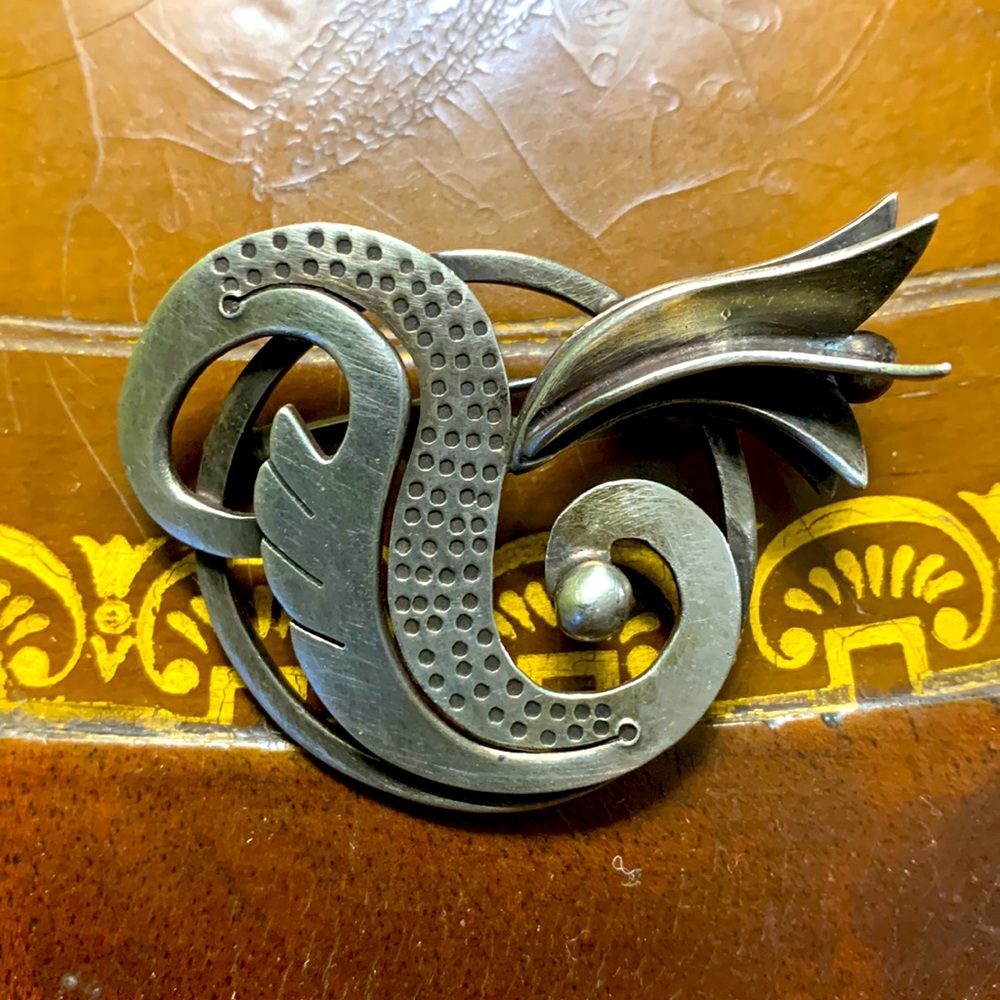 Vintage Iconic Saul 925 Silver Stylized Bird Brooch - Gem